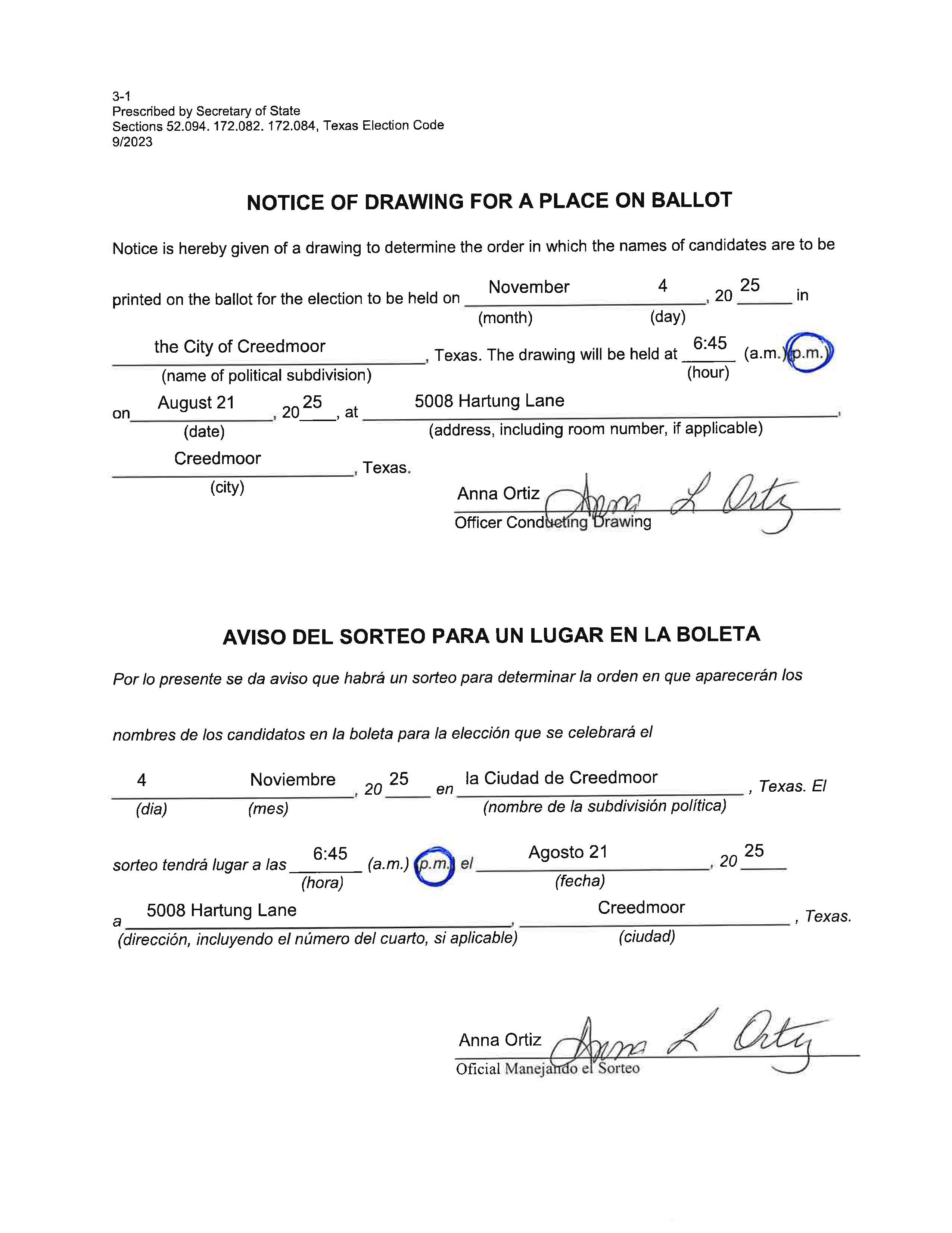 Notice Of Drawing For A Place On Ballot | Creedmoor TX